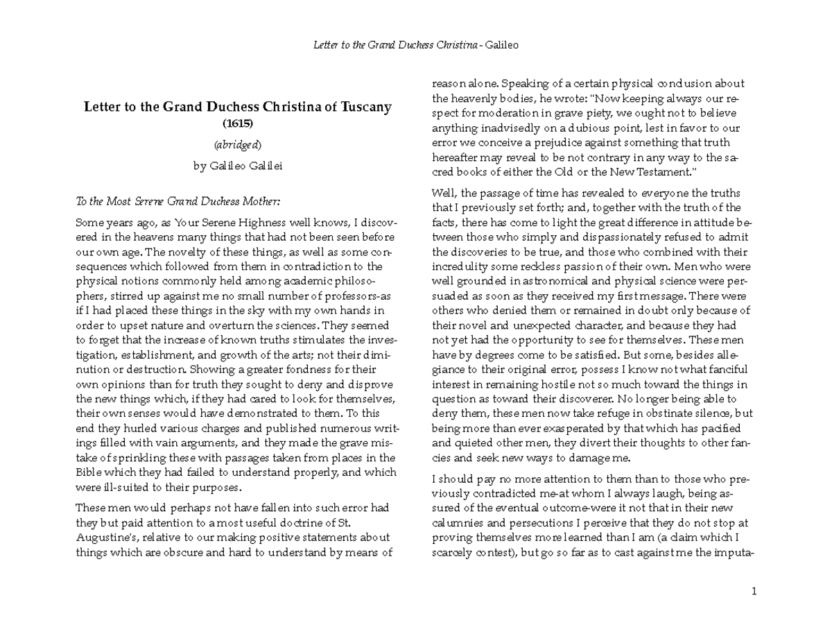 Galileo's Letter to Grand Duchess Christina: A Defense of Astronomy ...