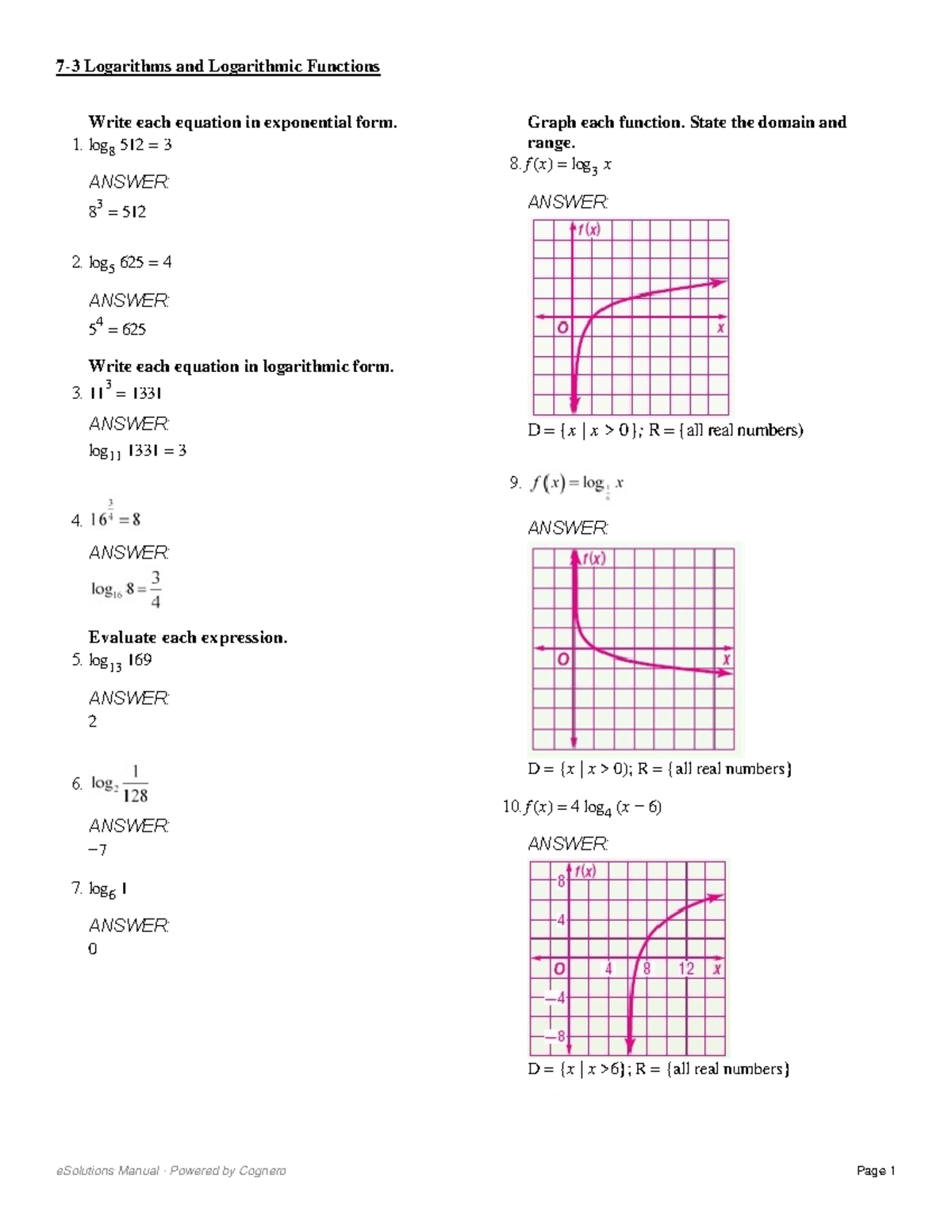 7-3 logarithms and logarithmic functions 1 - Write each equation in ...
