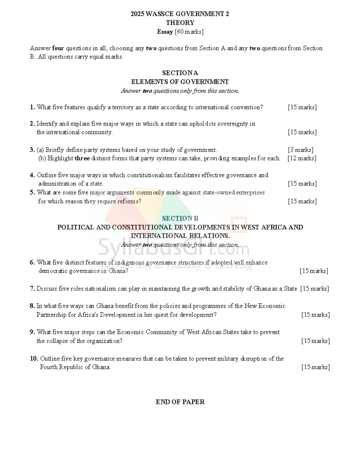 2025 WASSCE Government 2 Theory Essay Questions and Guidelines - Studocu