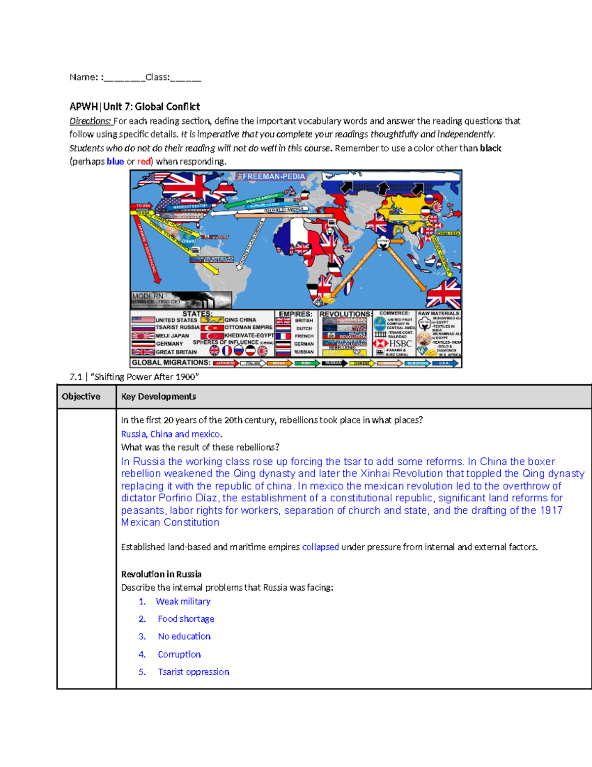 APWH AMSCO Unit 7.1 Reading Guide: Global Conflicts and Rebellions ...