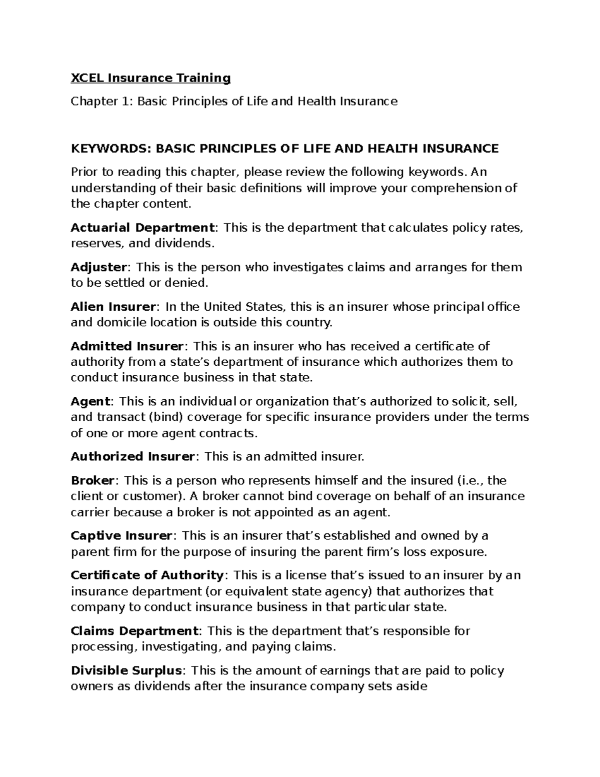 XCEL Insurance Training CH 1: Fundamentals of Life & Health Insurance ...
