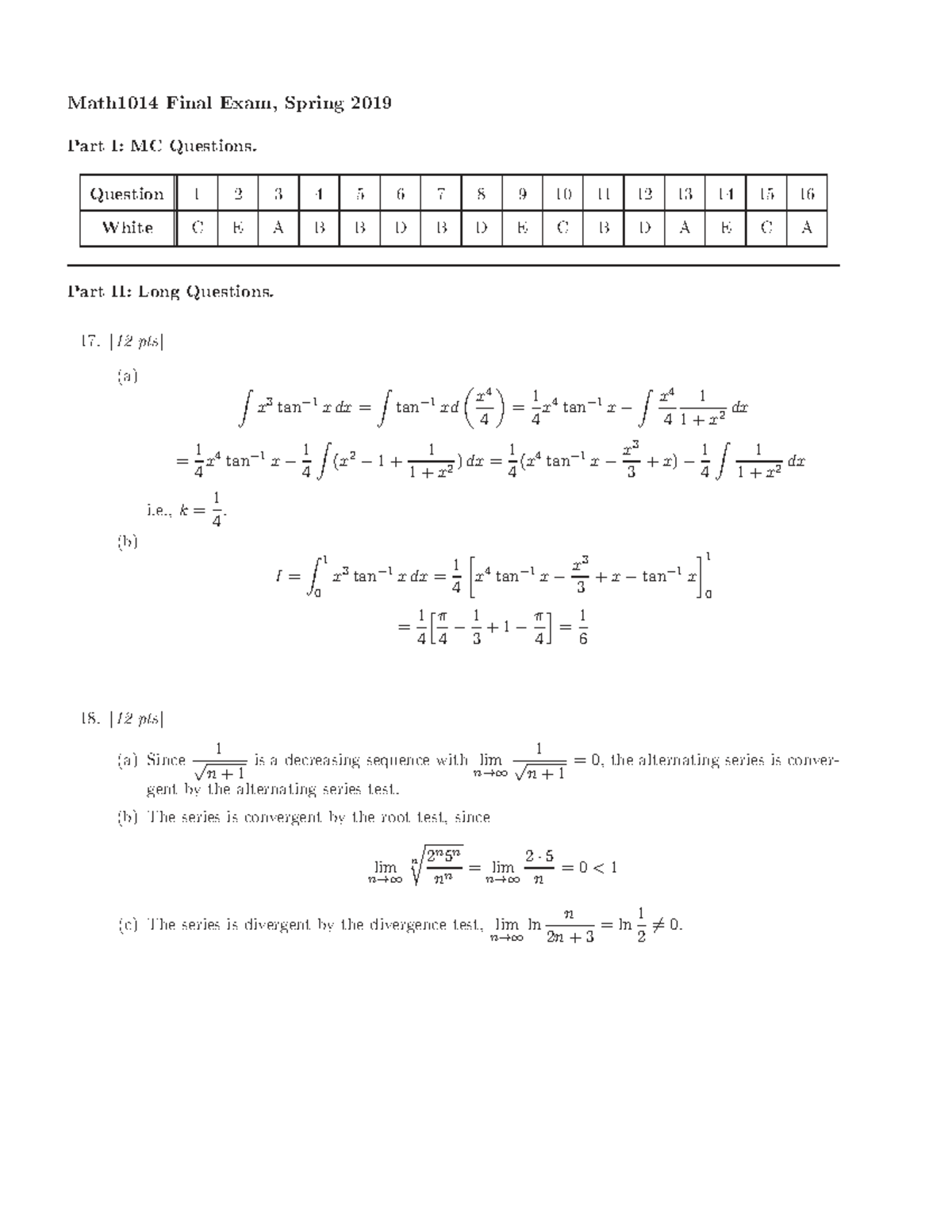 Math1014 Final Exam Answers, Spring 2019 - Part I & II - Studocu