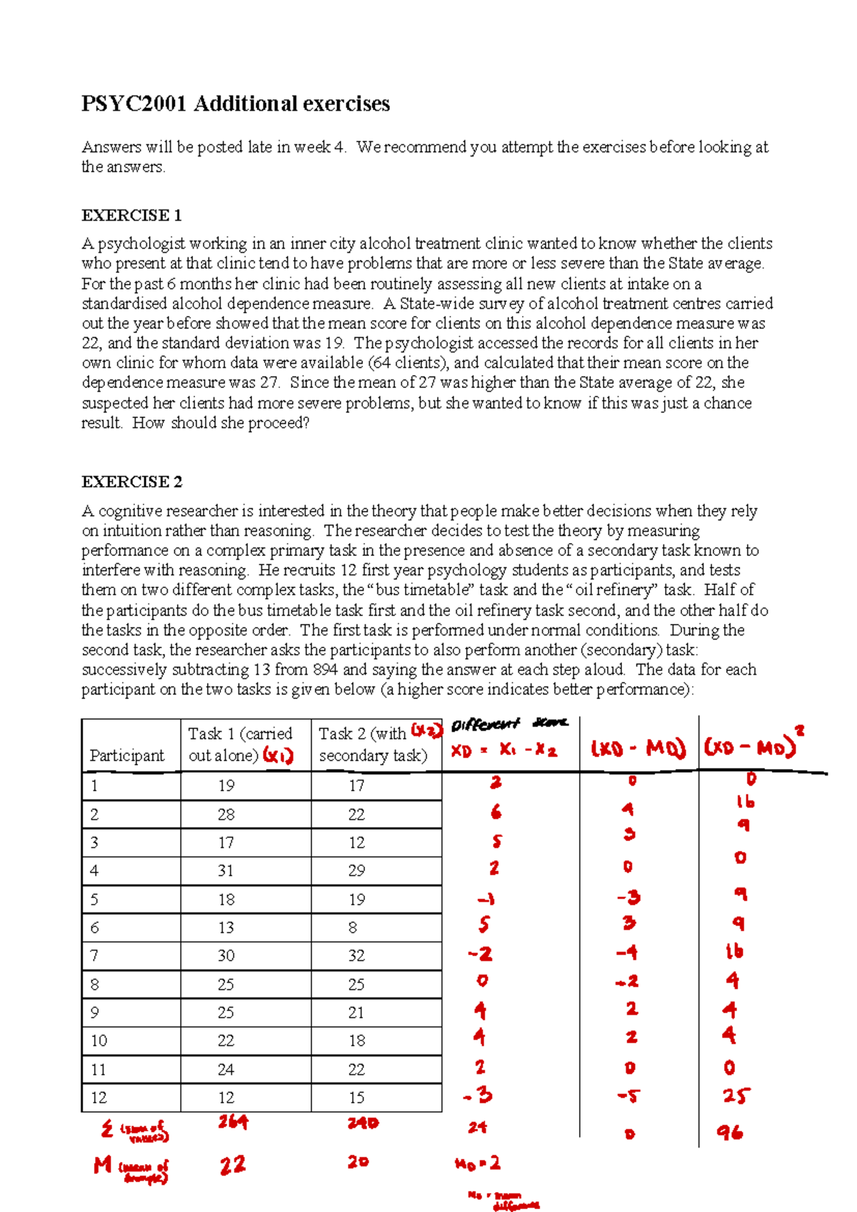 PSYC2001 Additional Exercises: Answers to Tutorial Materials - Studocu