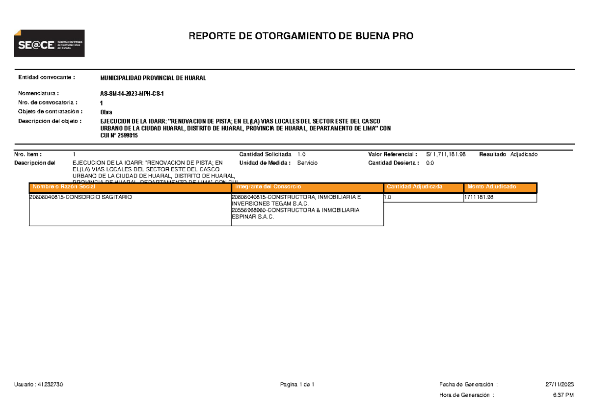 1Reporte de otorgamiento de buena pro - REPORTE DE OTORGAMIENTO DE BUENA PRO MUNICIPALIDAD - Studocu