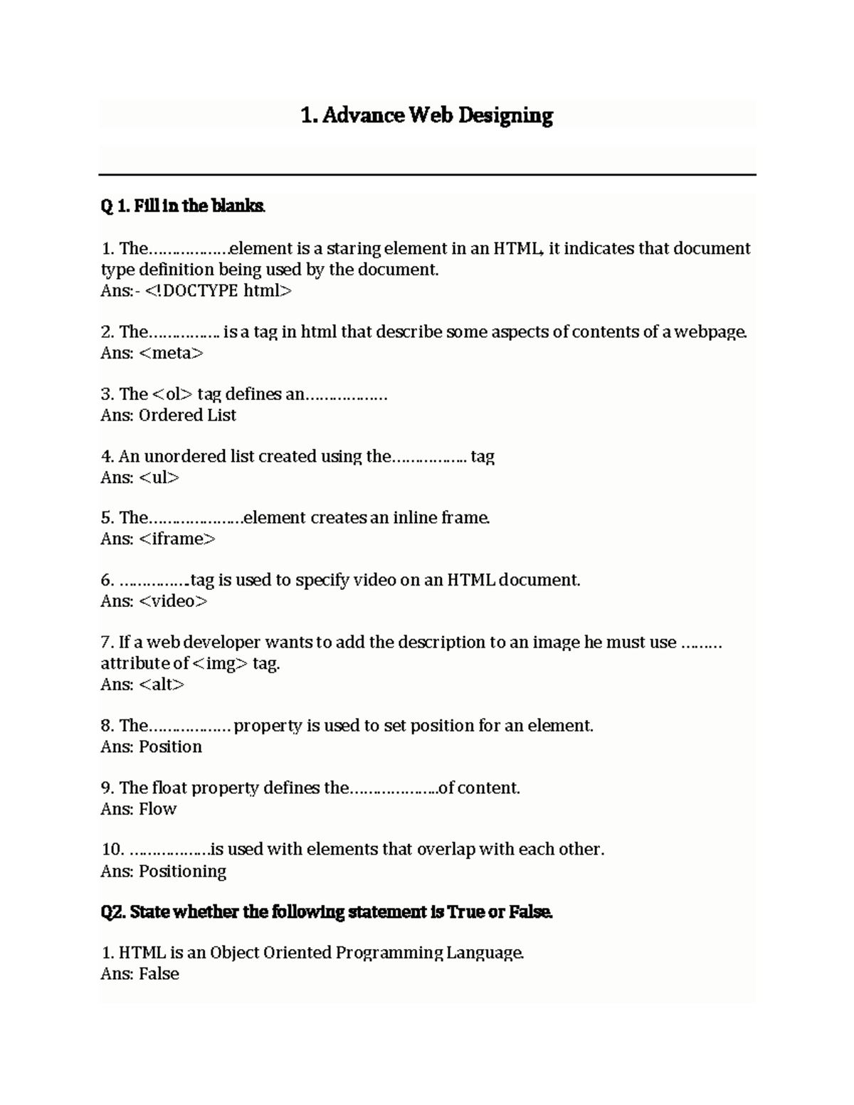 Advance Web Designing Q&A: Fill in the Blanks & Coding Tasks - Studocu