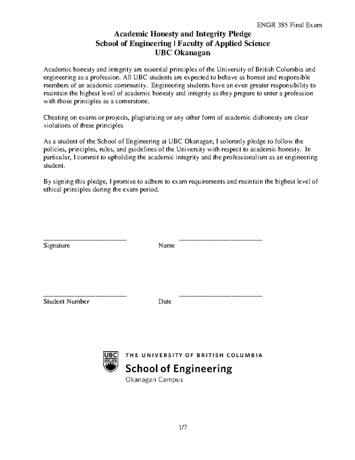 Engr 385 Final exam academic honesty and integrity pledge 2019 WT2 ...