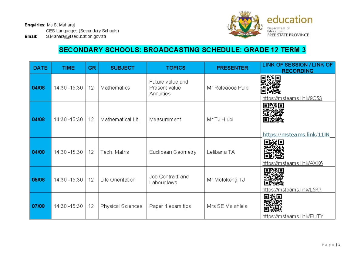 Grade 12 Term 3 2025 Broadcasting Schedule - Studocu
