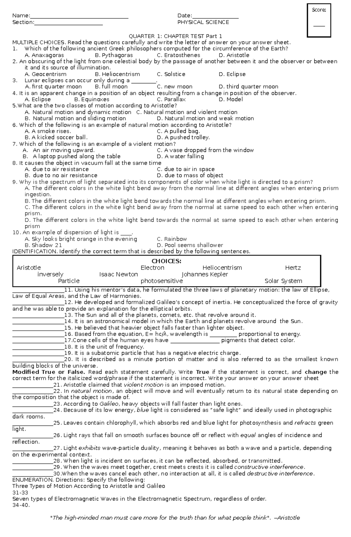 Score: PHYSICAL SCIENCE Q1: CHAPTER TEST Part 1 MULTIPLE CHOICE & ID ...
