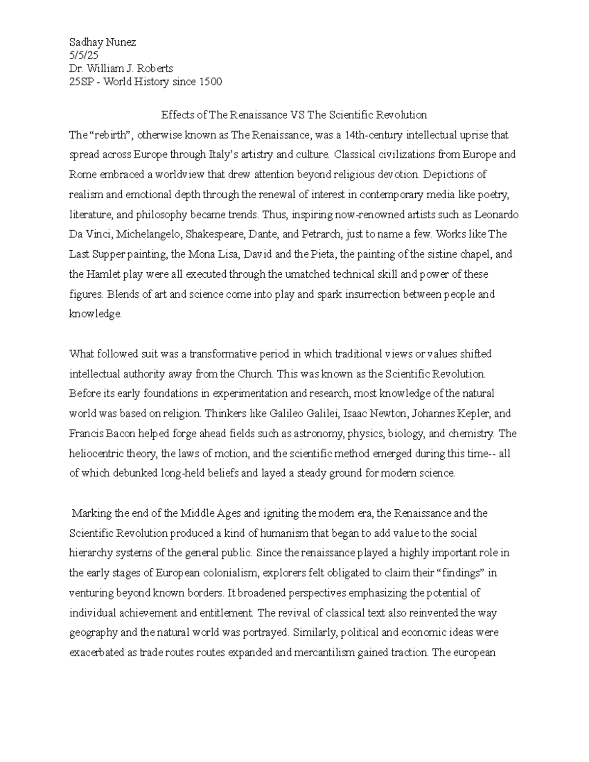 25SP World History Final Exam: Renaissance vs. Scientific Revolution ...