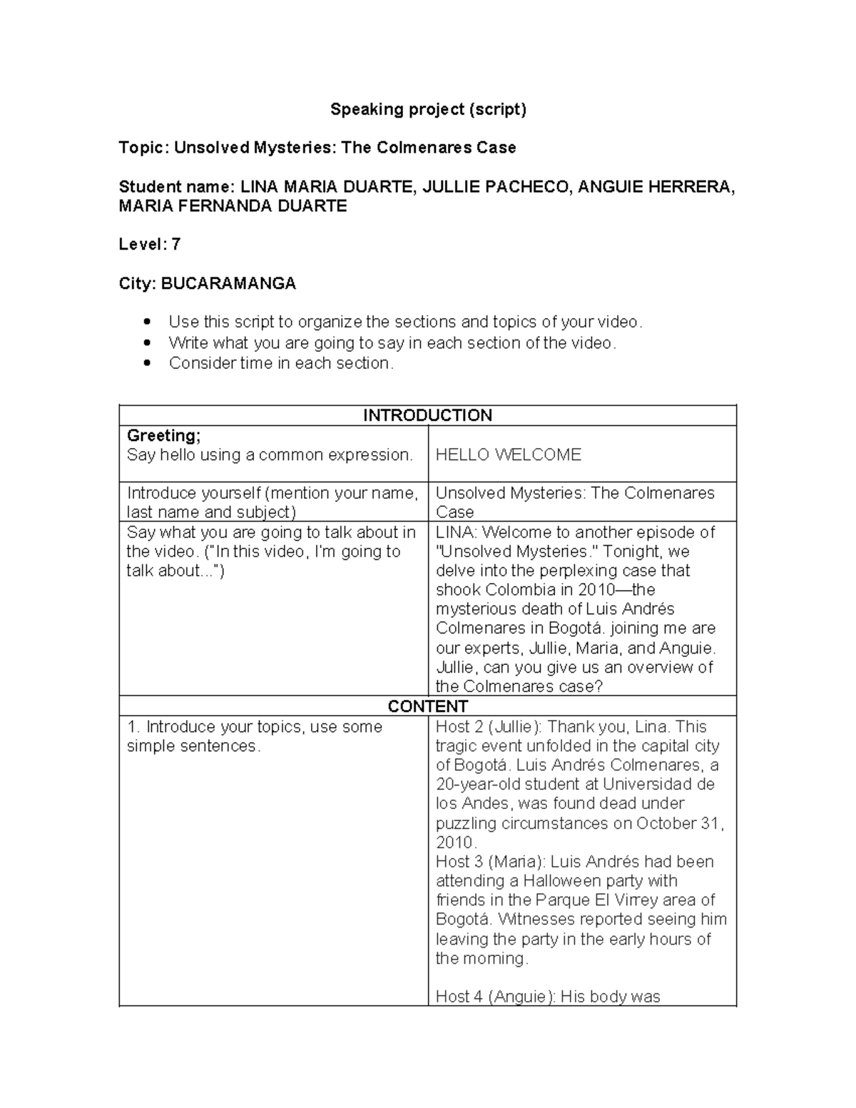 Final Exam Project Script: Unsolved Mysteries - Colmenares Case (Level ...