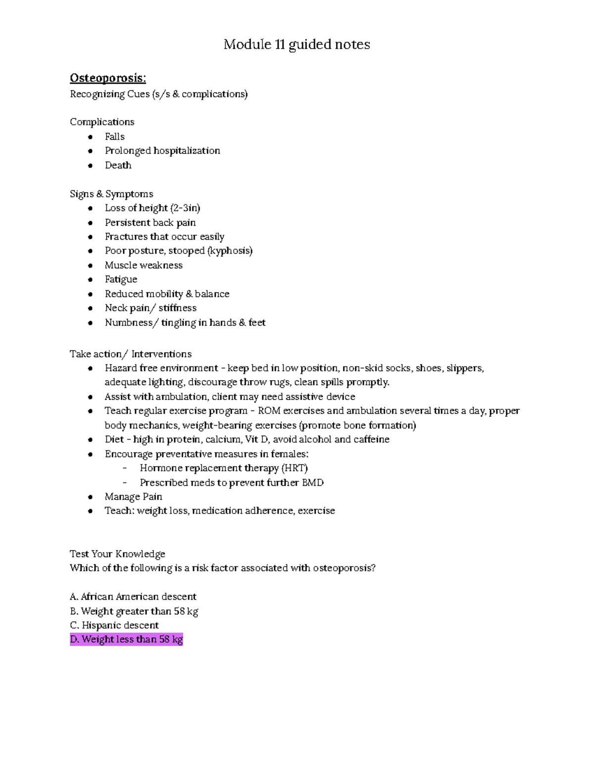 Module 11 Guided Notes: Musculoskeletal Disorders & Osteoporosis ...