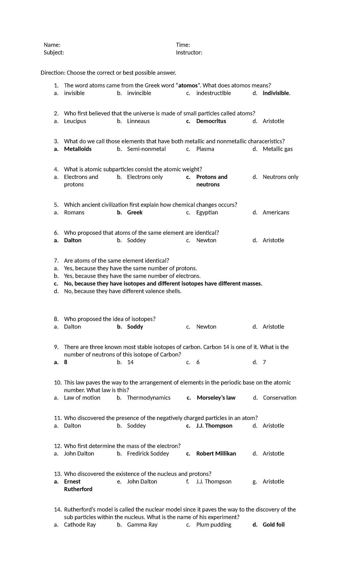 Prelim Exam (Course Code) - Atomic Structure and Properties of Matter ...