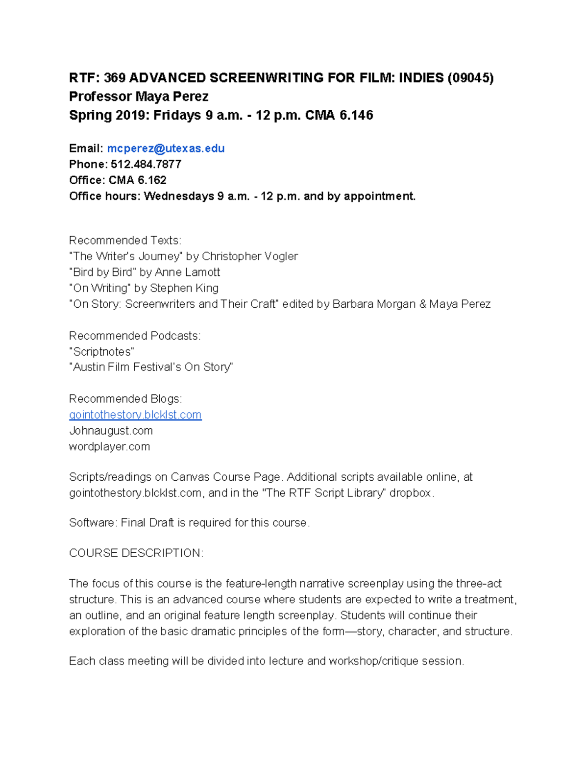 RTF 369 Advanced Screenwriting for Film: Indies Syllabus (Spring 2019 ...