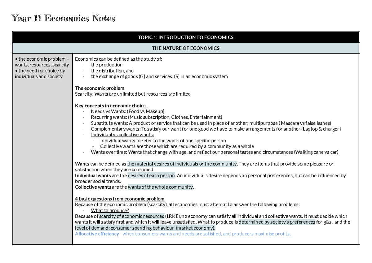 Year 11 Economics Notes: Introduction to Economic Concepts and Issues ...