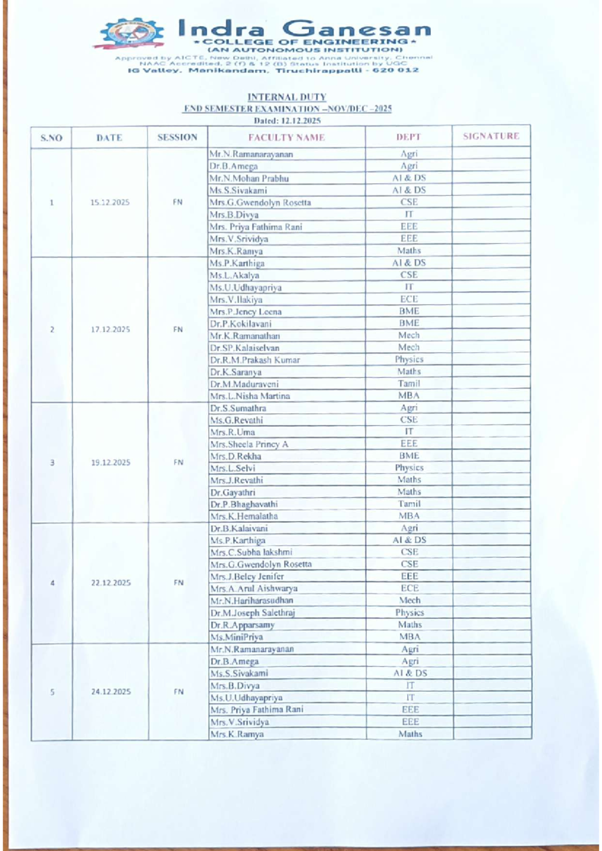 Internal Duty Schedule for End Semester Exam - 2025 - Studocu