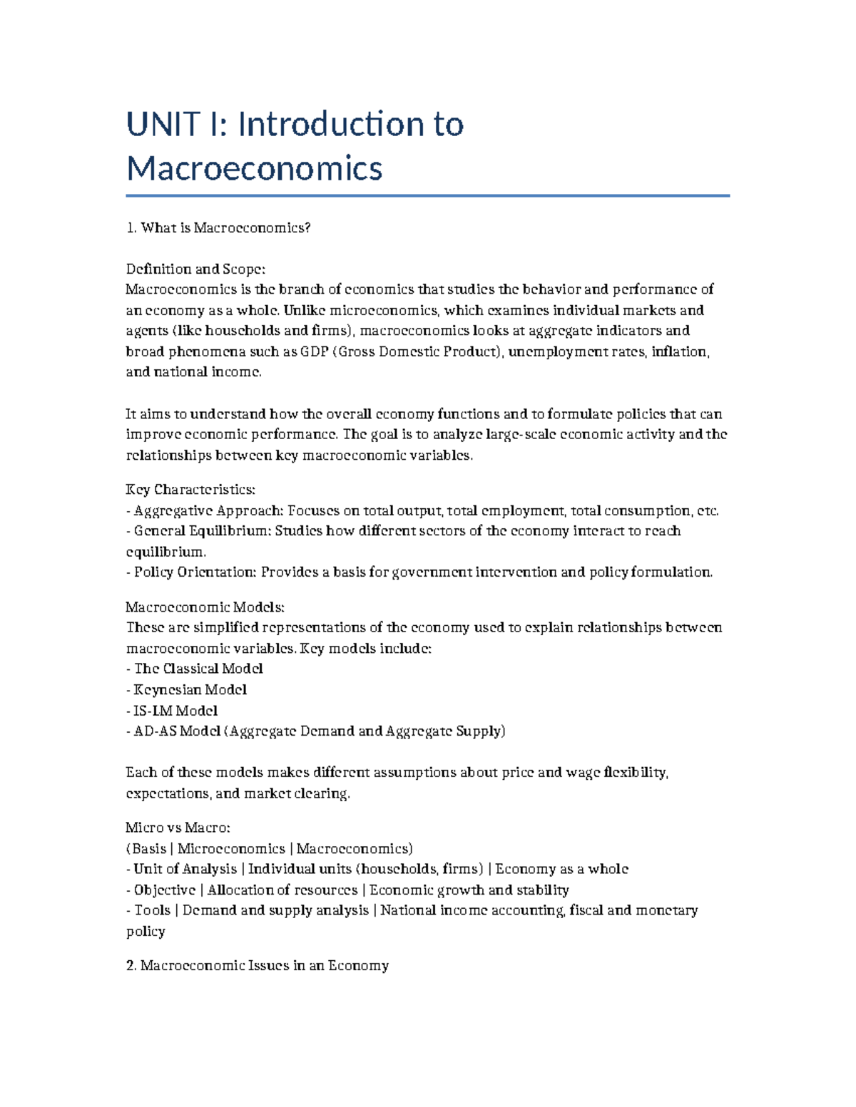 Macroeconomics Unit I: Intro to Key Concepts and Economic Issues - Studocu