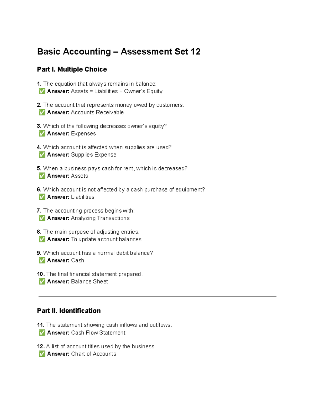 Basic Accounting – Assessment Set 12: Multiple Choice & Identification ...
