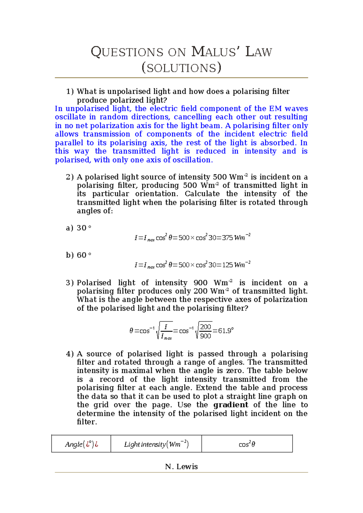 Malus' Law Solutions: Key Questions and Answers for PHYS 101 - Studocu