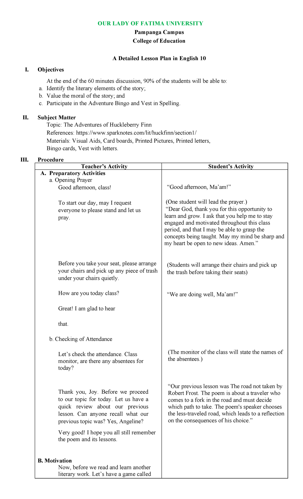 Detailed Lesson Plan on The Adventures of Huckleberry Finn for Eng 10 ...