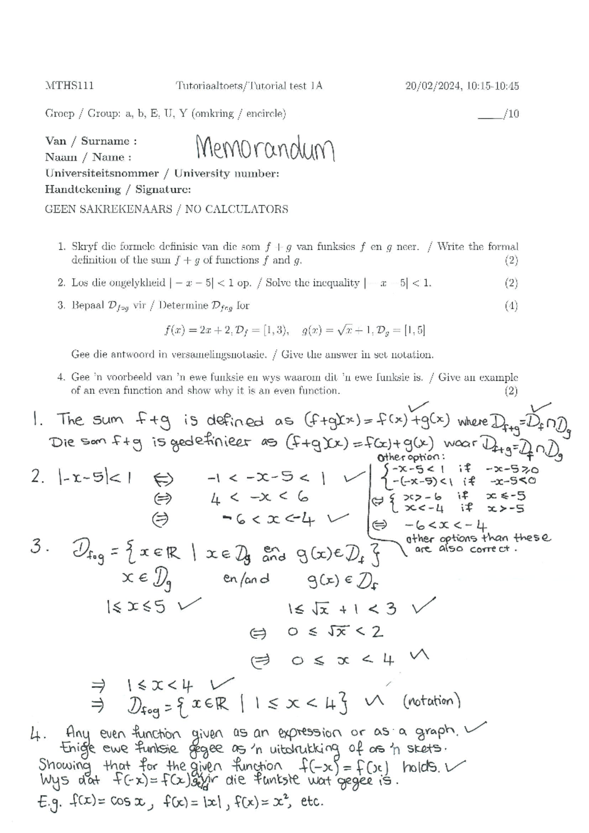 MTHS111 test 1 2024 memo - MTHS111 Tutoriaaltoets/Tutorial test 1A 20 ...