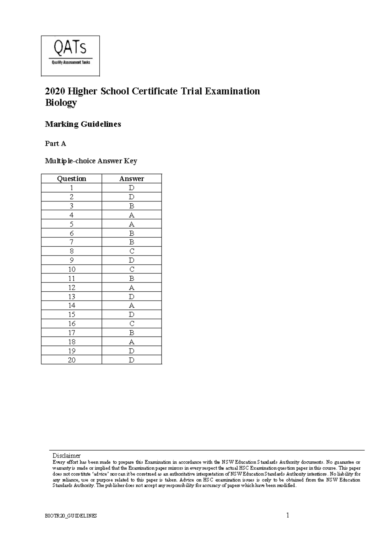 Biotr20 Trial Exam Biology Marking Guidelines & Answer Key - Studocu