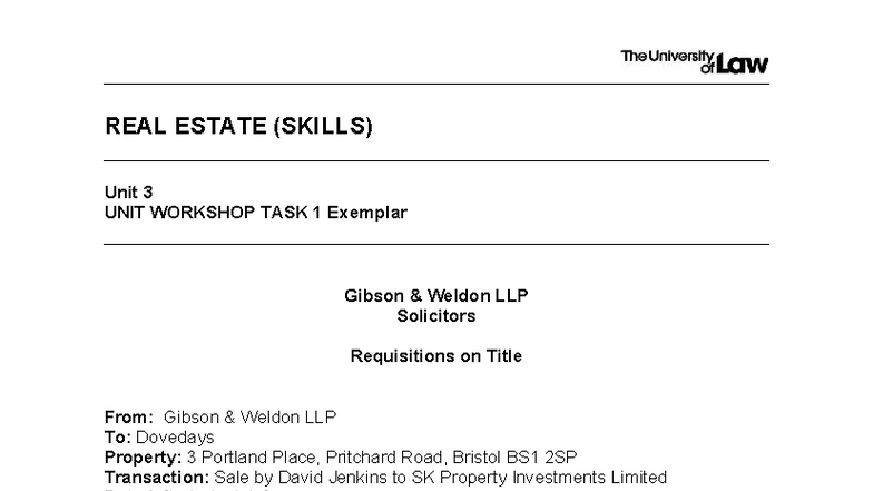 REAL ESTATE (SKILLS) Unit 3 Workshop Task 1 Exemplar Document - Studocu