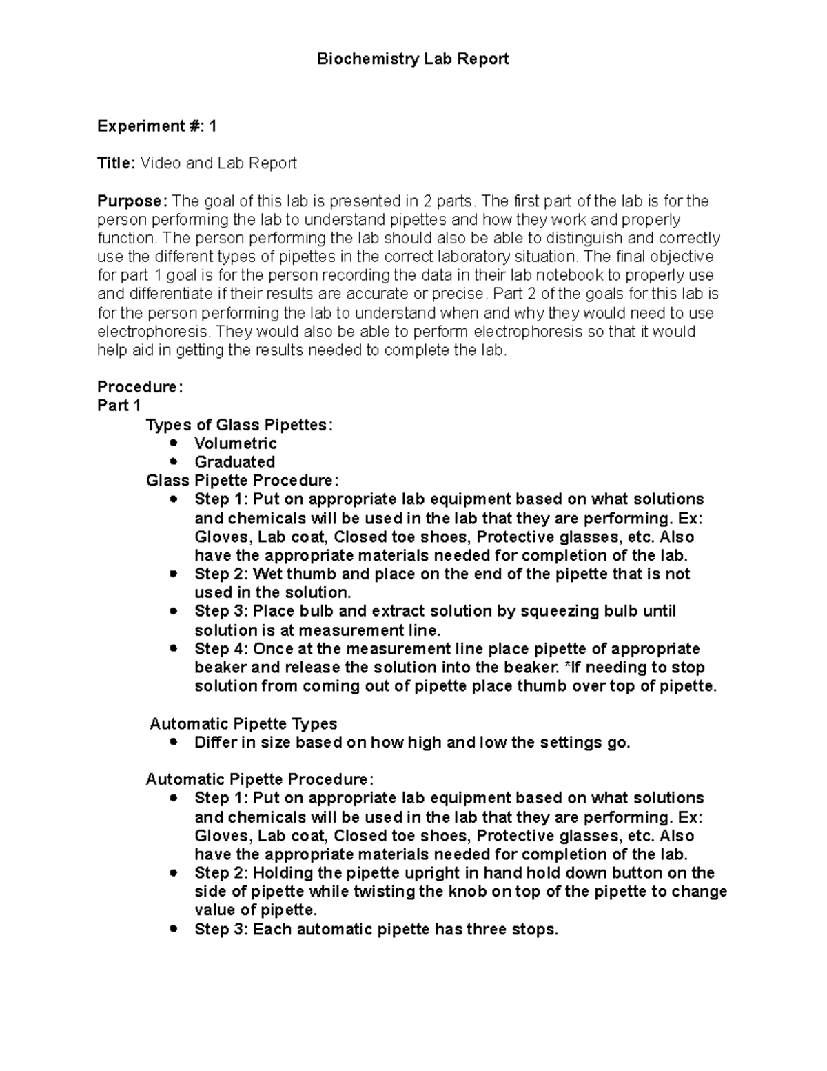 Biochemistry Lab Report 1: Pipette Usage & SDS-Page Electrophoresis ...
