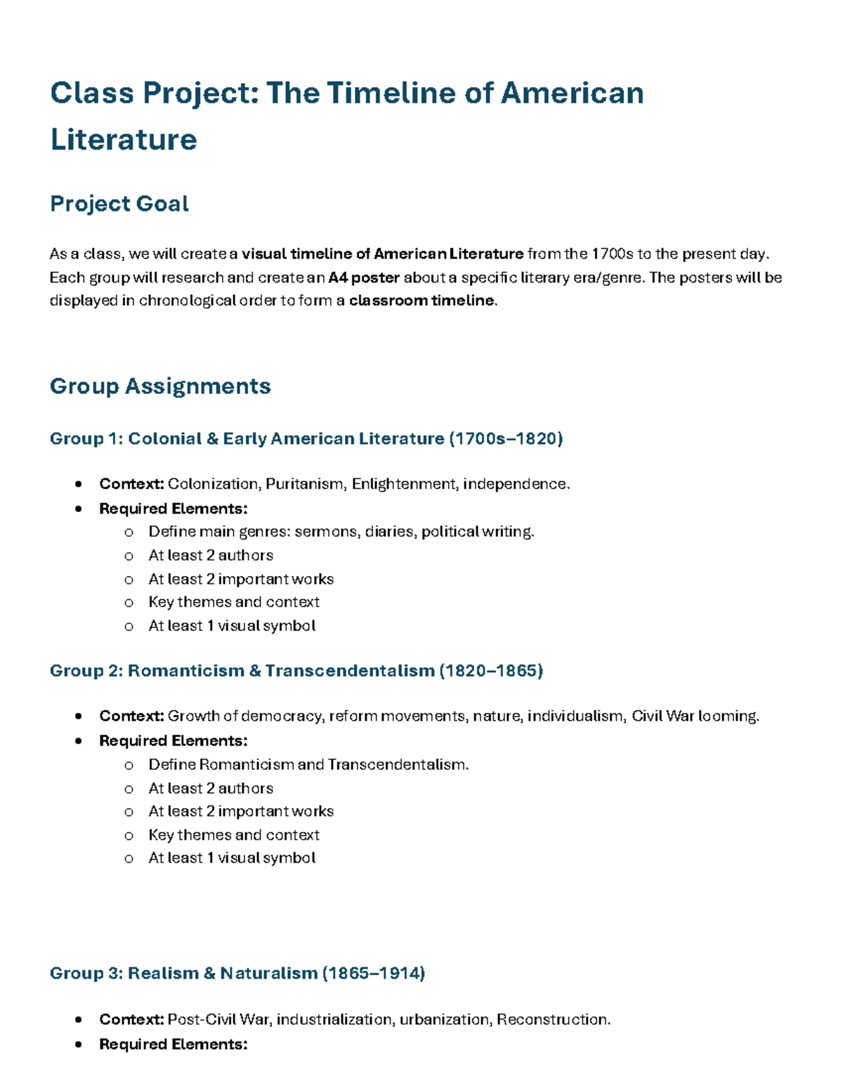 Class Project: Timeline of American Literature (1700s-Present) - Studocu
