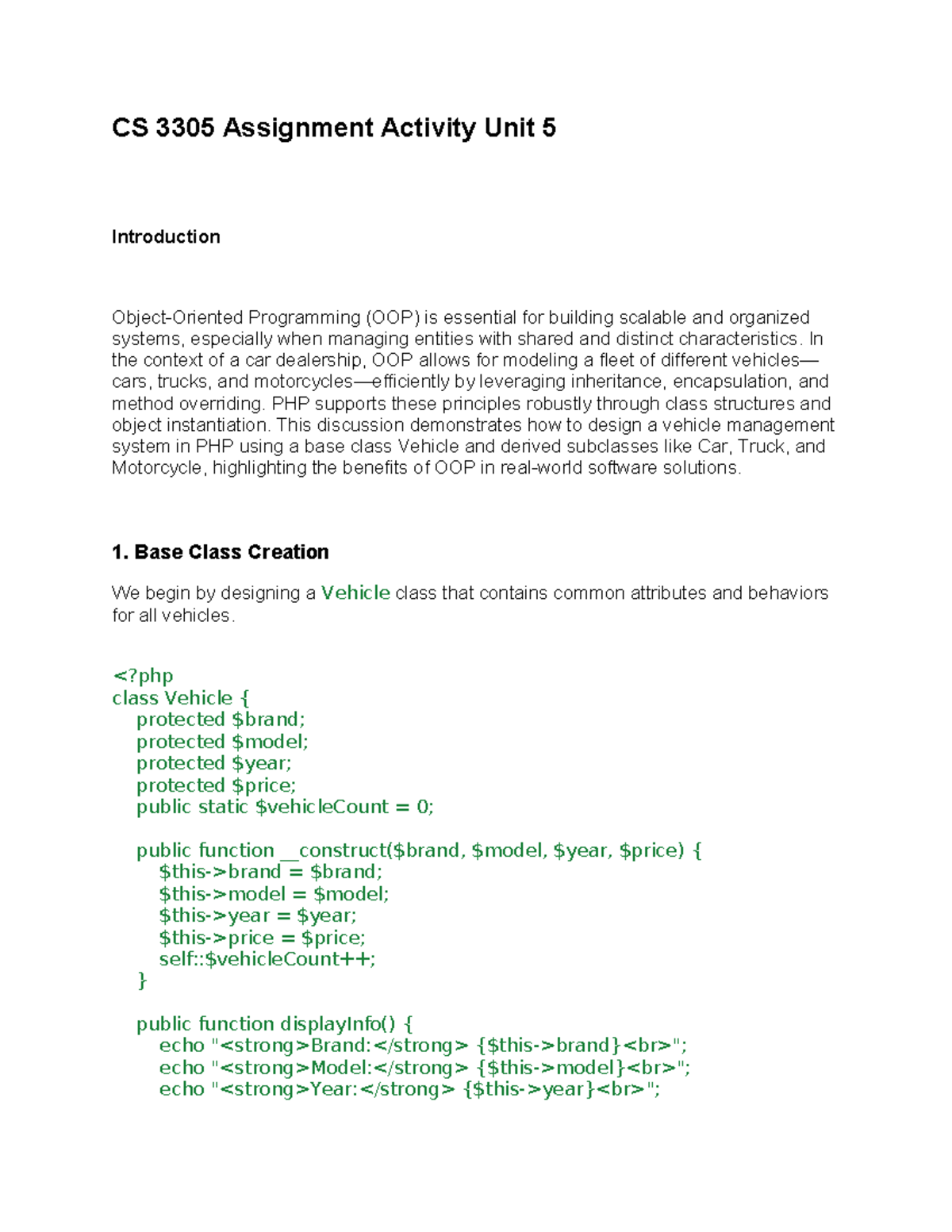 CS 3305 Unit 5 Assignment: OOP in PHP for Vehicle Management - Studocu