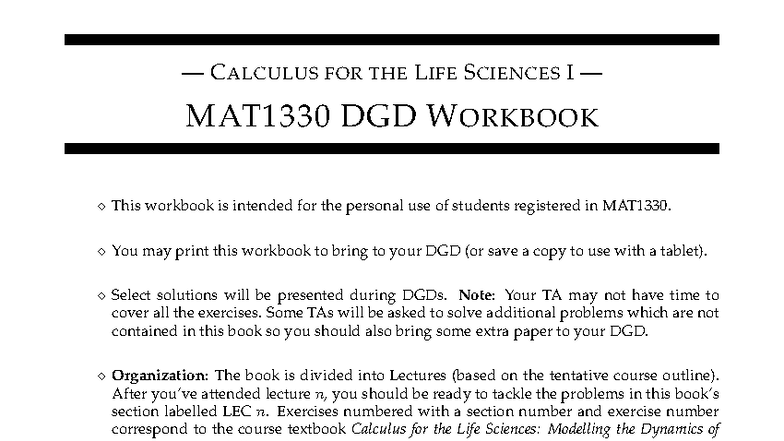 MAT1330 DGD Workbook: Calculus for Life Sciences I (2021) - Studocu