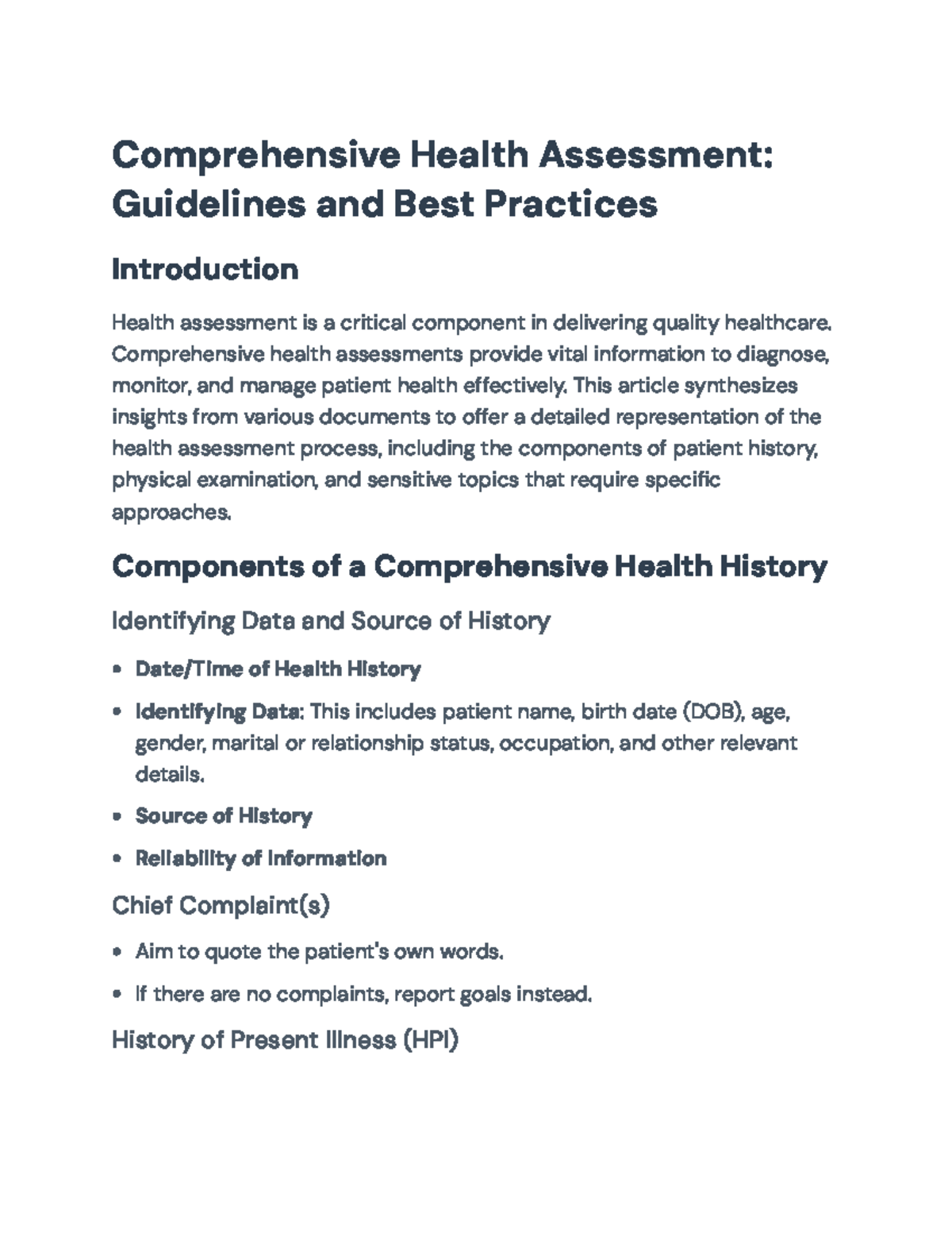 Comprehensive Health Assessment Guidelines and Best Practices ...
