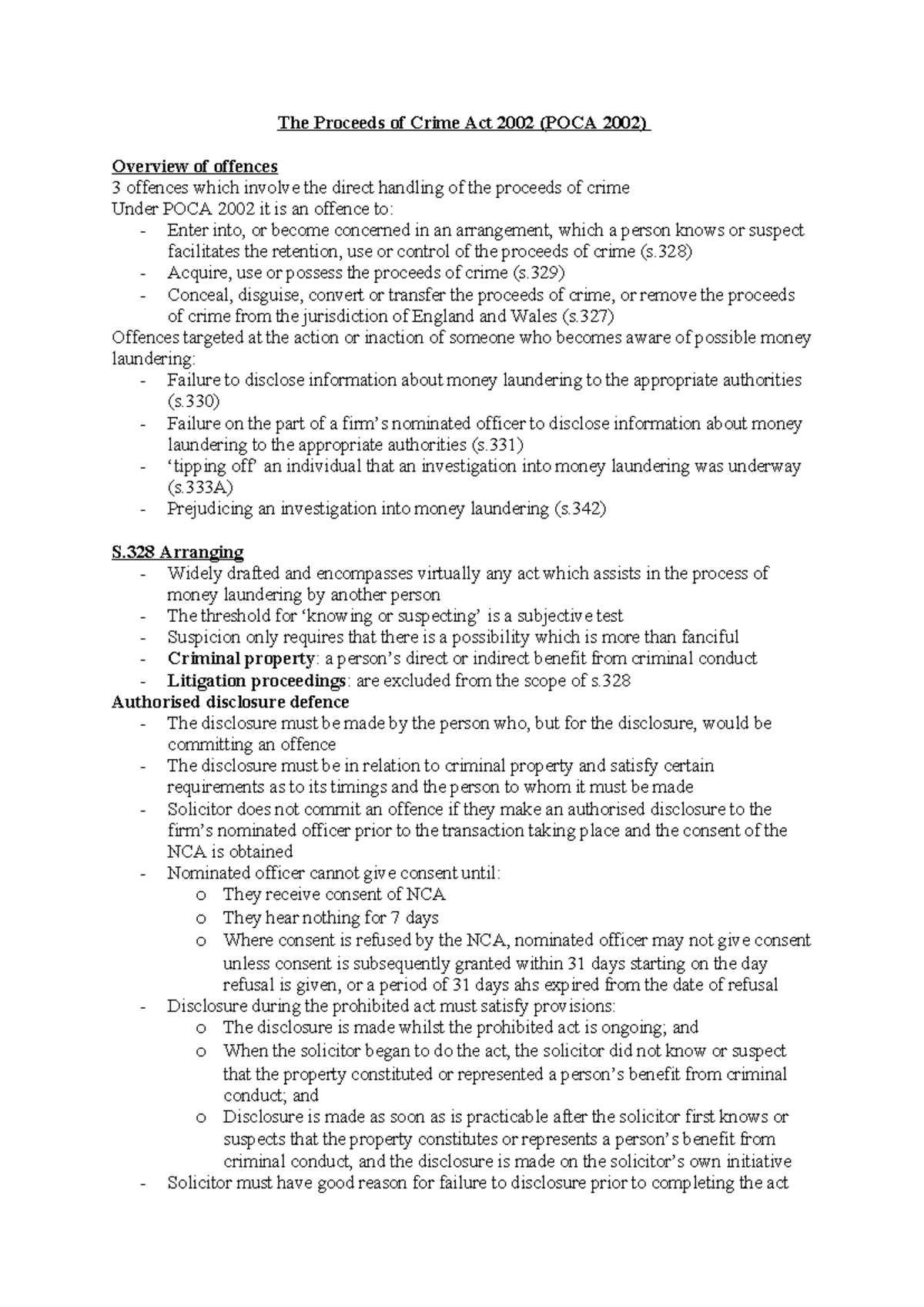 Proceeds of Crime Act 2002 (POCA 2002) - Overview of Offences - Studocu