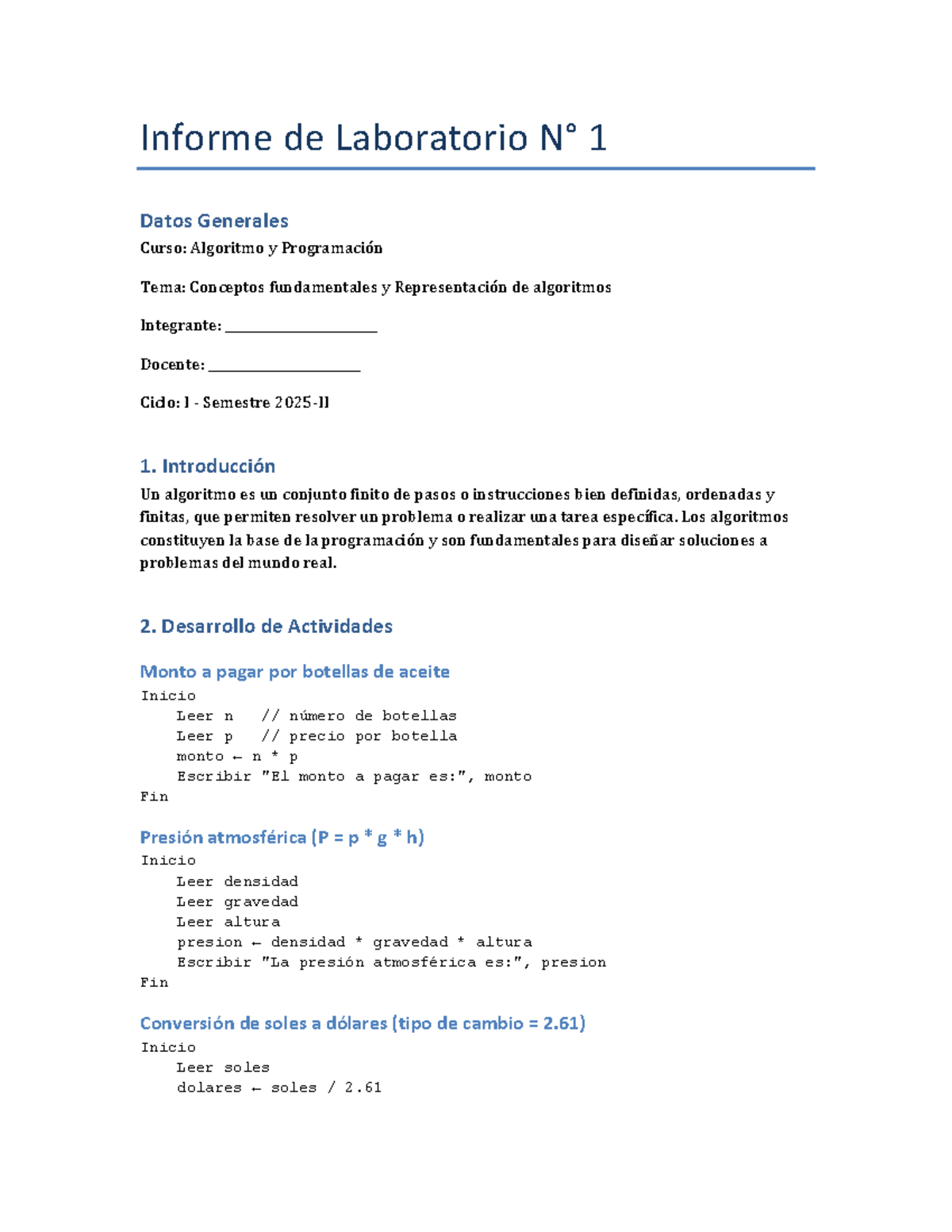 Informe de Laboratorio 1 - Algoritmos y Programación - Studocu