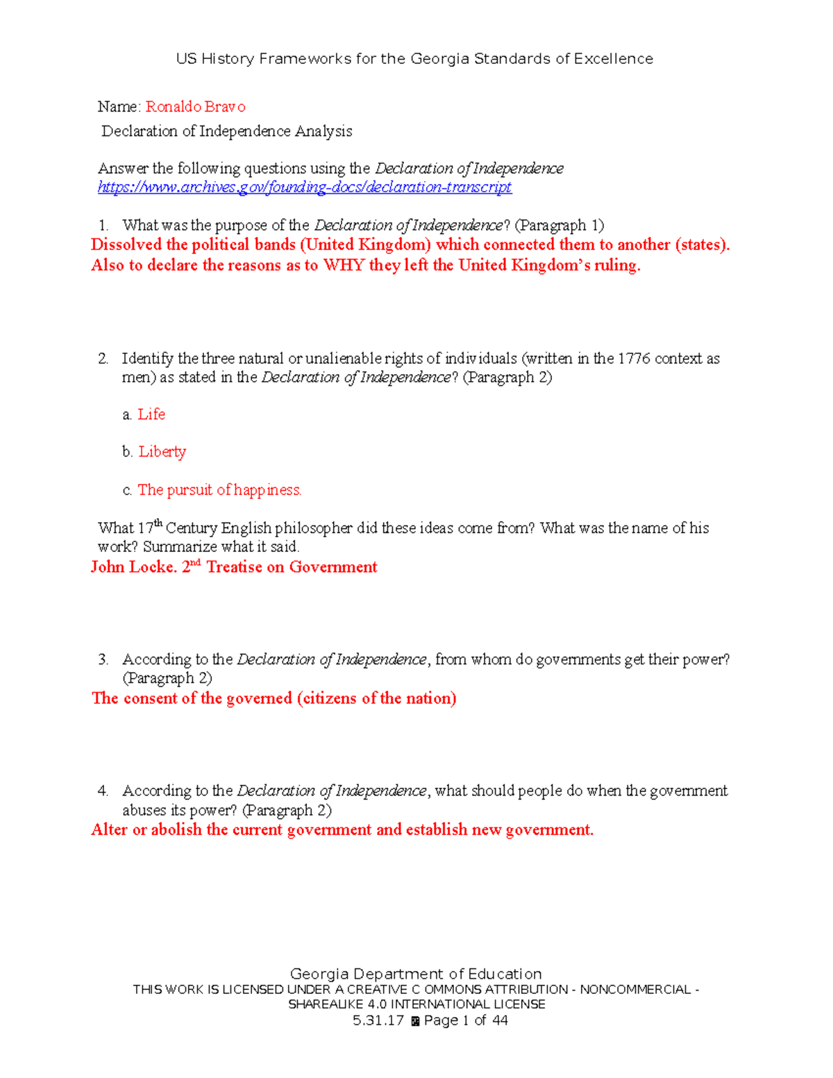 Declaration of Independence Analysis done - in Social Studies Georgia ...