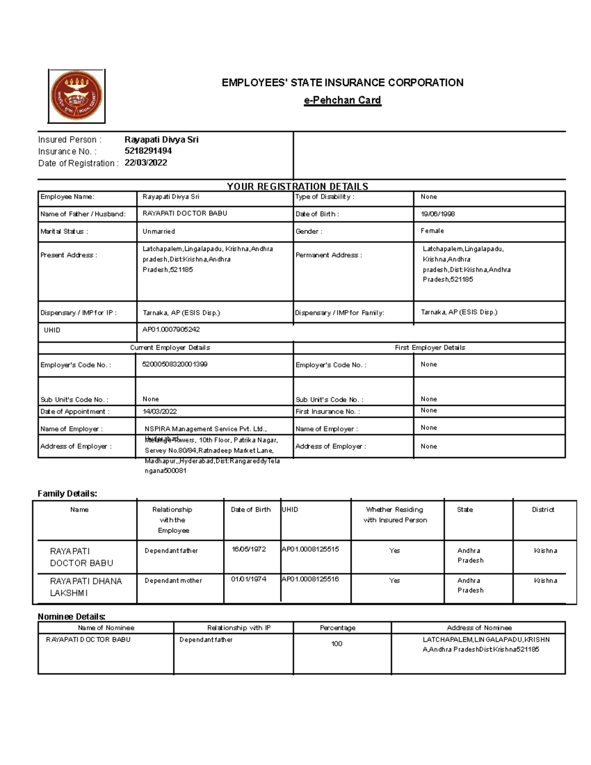 ESIC e-Pehchan Card Registration Details - Rayapati Divya Sri - Studocu