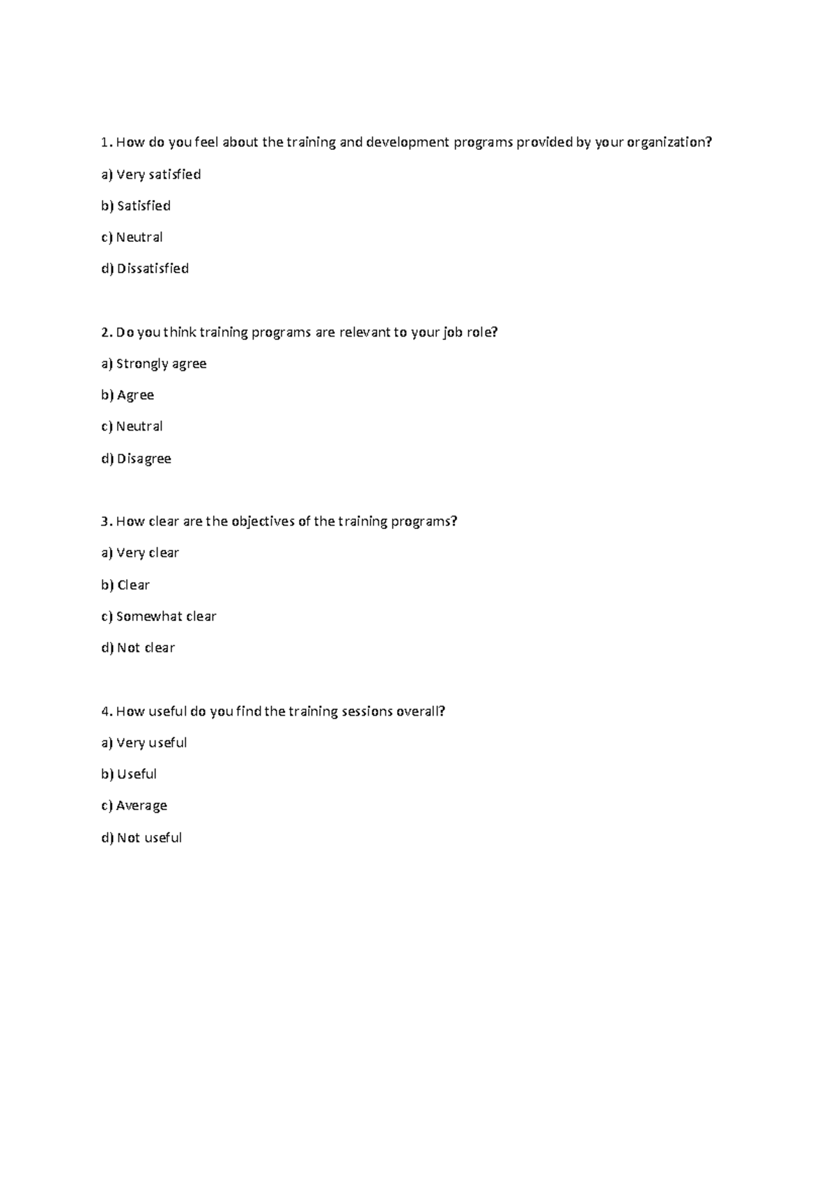 Project Questionnaire: Employee Training & Development Feedback - Studocu