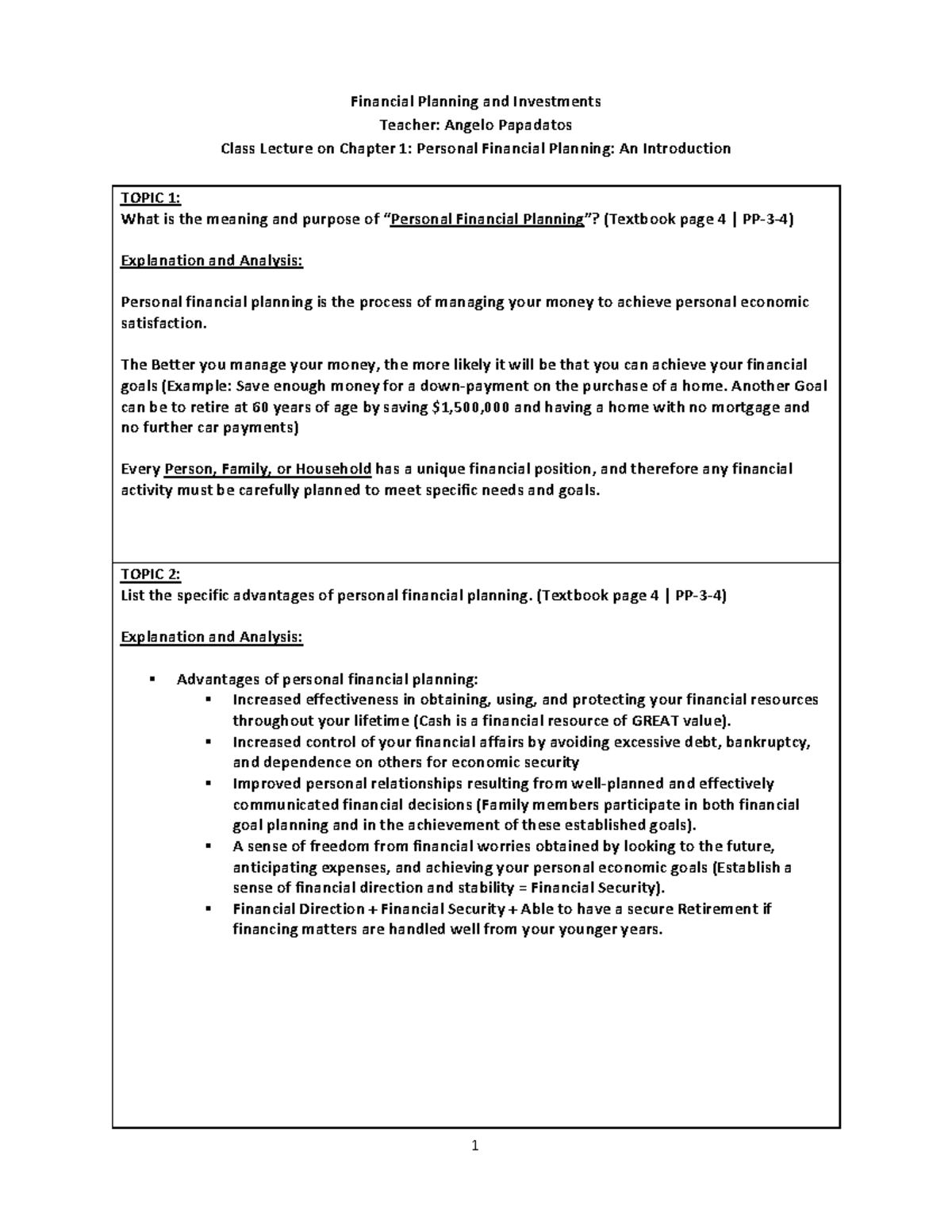 FIN 101: Lecture Notes on Chapter 1 - Introduction to Personal ...