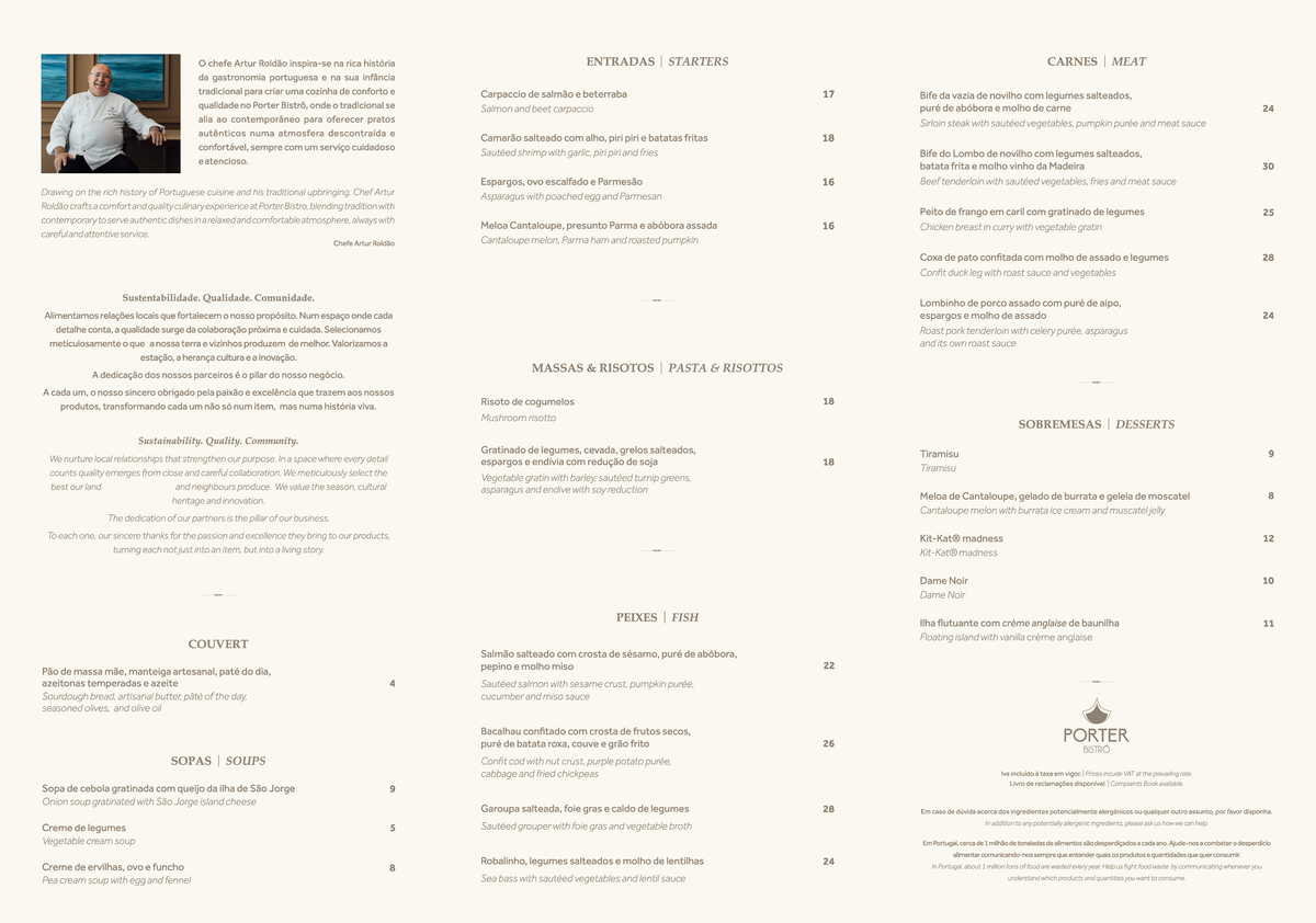 Menu do Porter Bistrô: Gastronomia Portuguesa e Sustentabilidade - AAS ...