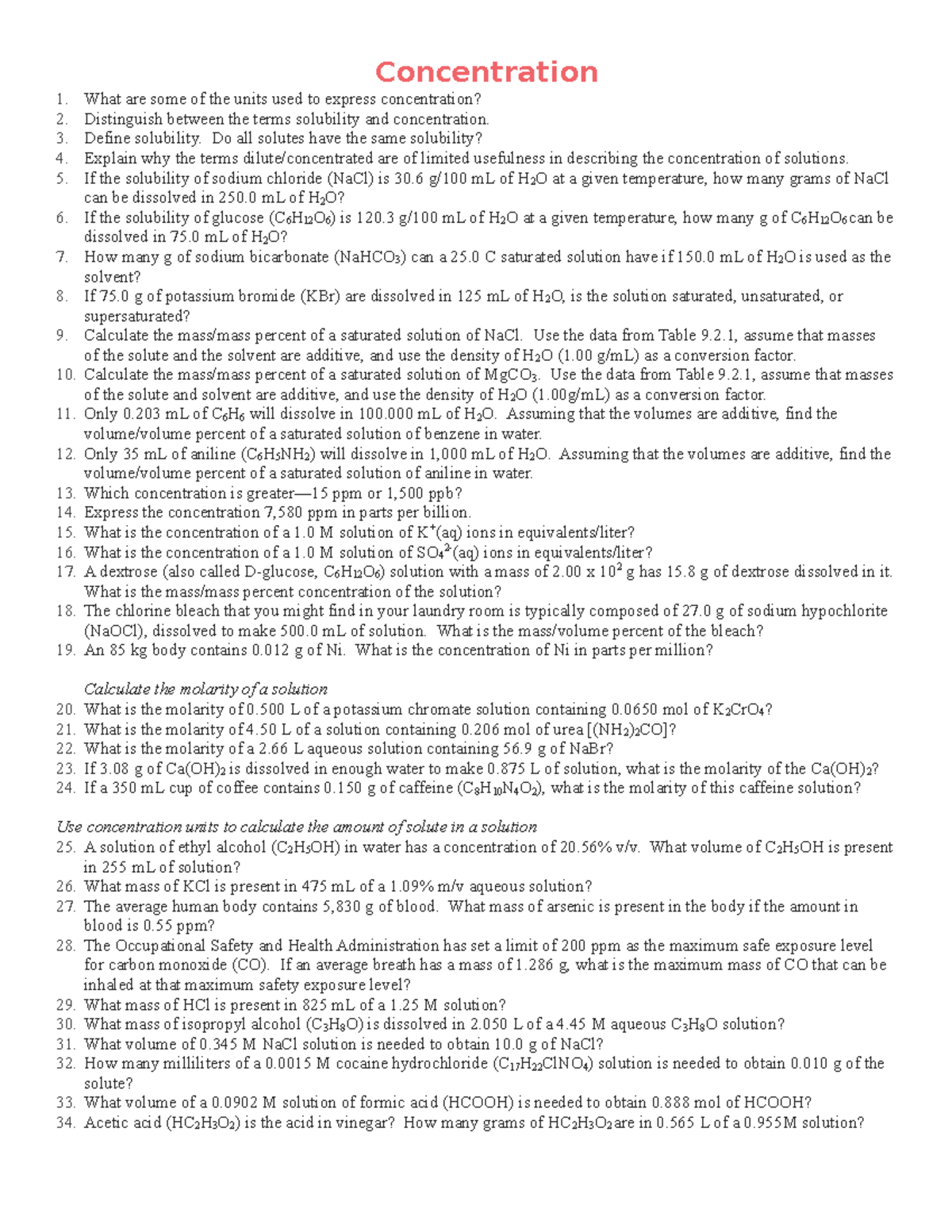 CHEM 101 Final Exam Practice Questions on Concentration Concepts - Studocu