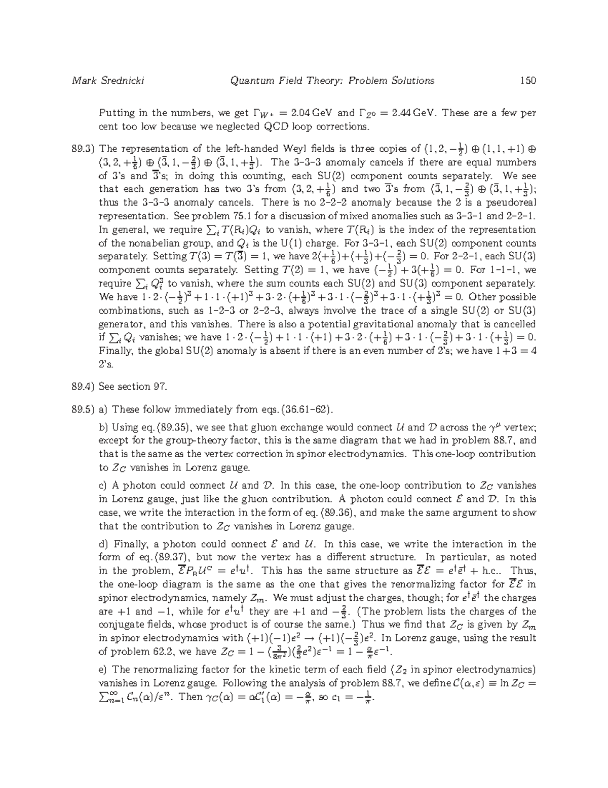 Srednicki QFT Problem Solutions: Anomaly Cancellation & Corrections 150 ...