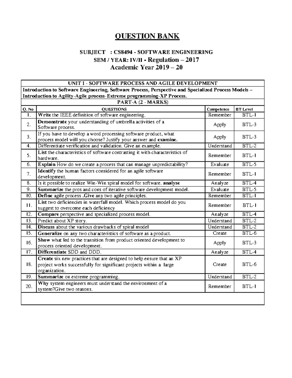 CS8494 - Software Engineering Question Bank for IV/II Semester - Studocu
