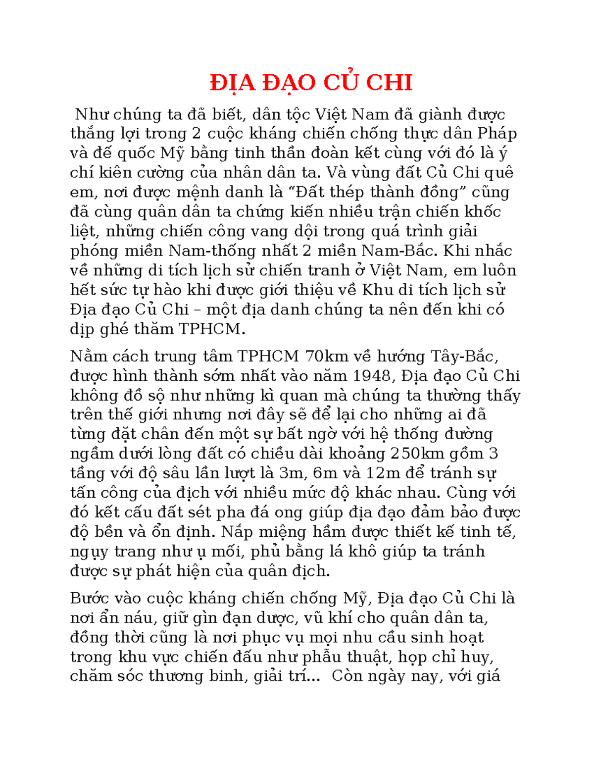 Địa Đạo Củ Chi: Di Tích Lịch Sử Kháng Chiến Việt Nam - Studocu