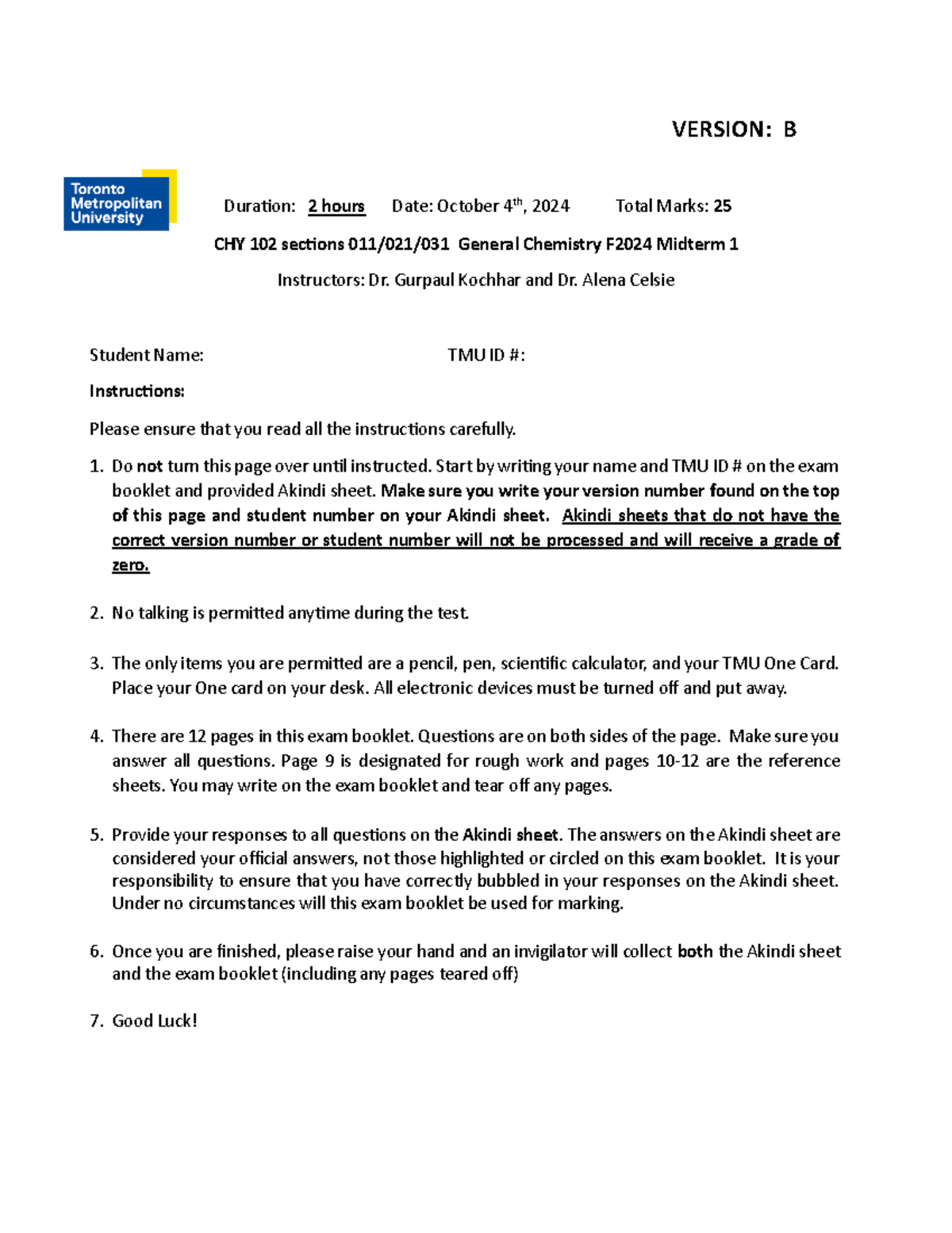 CHY 102 Midterm 1 Version B F2024 Exam Instructions and Questions - Studocu