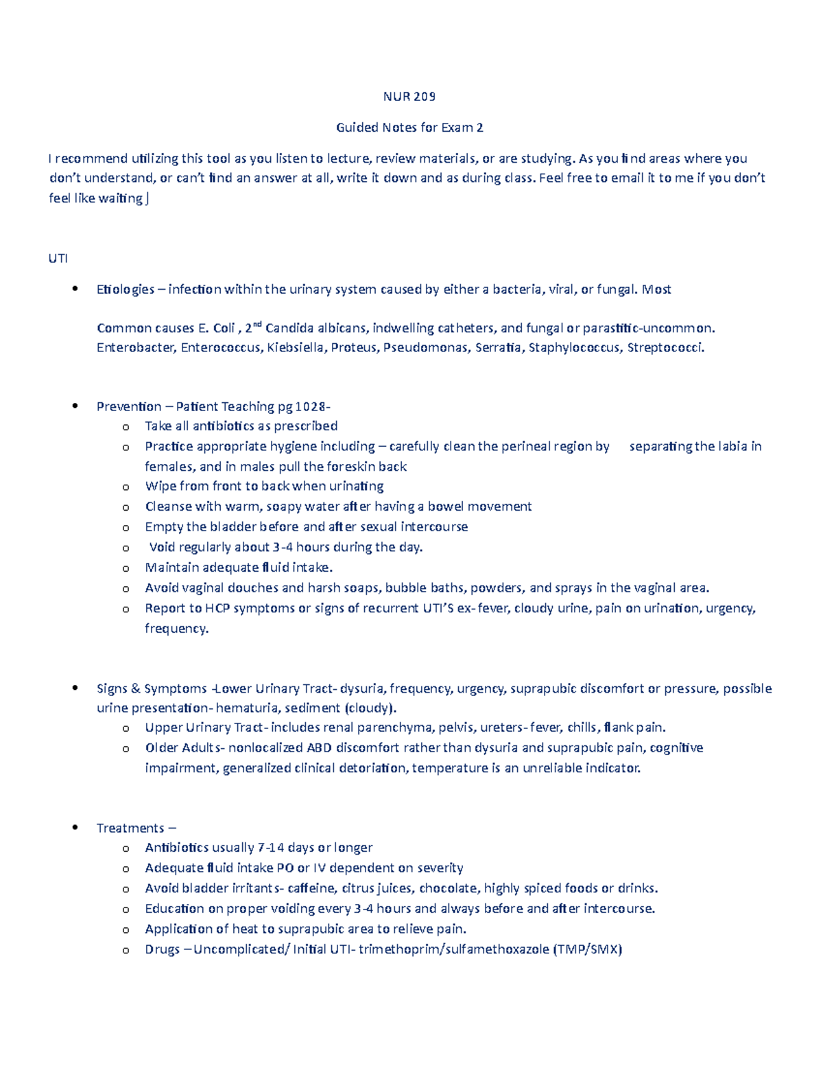 NUR 209 Exam 2 Study Notes: UTI, Renal Failure, & Nursing Care - Studocu