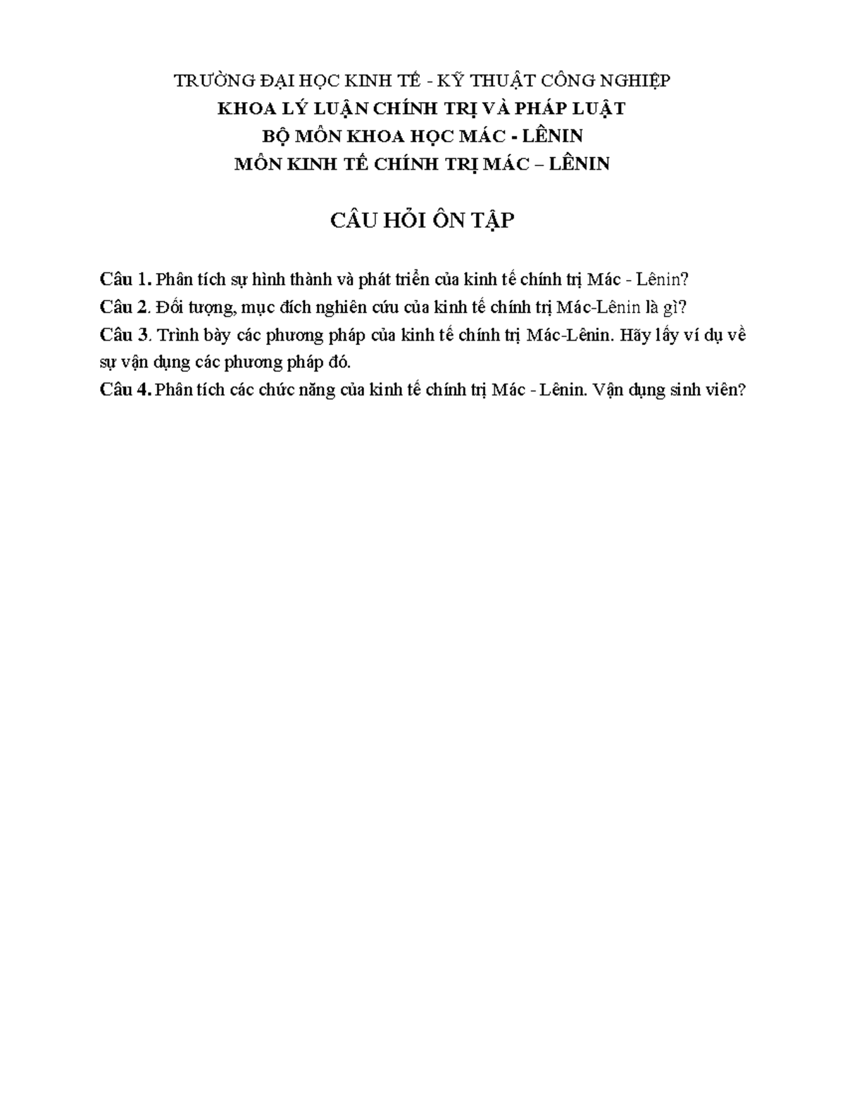 Câu Hỏi Ôn Tập Kinh Tế Chính Trị Mác Lênin - MMMMMM - Studocu
