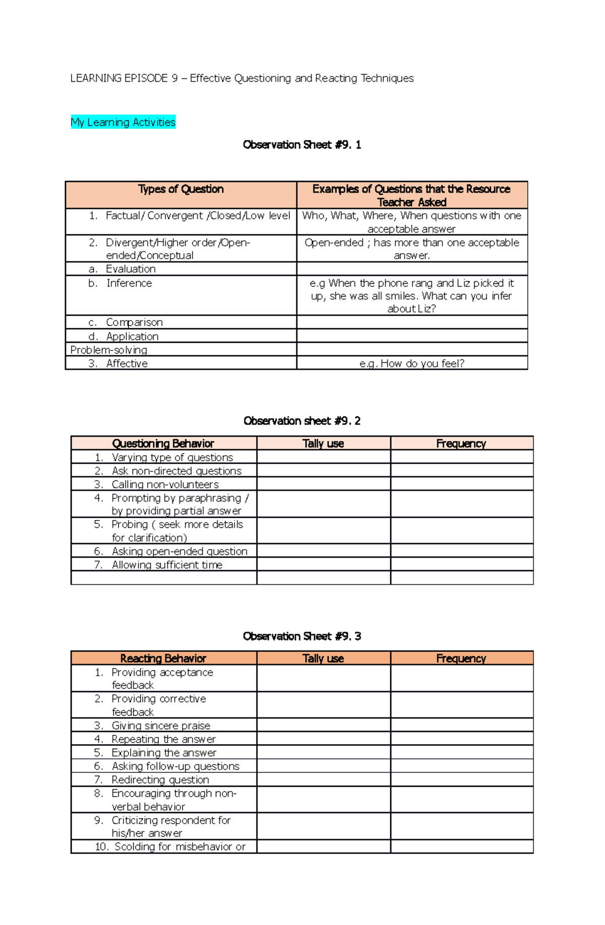 Learning Episode 9 - LEARNING EPISODE 9 – Effective Questioning and Reacting Techniques My ...