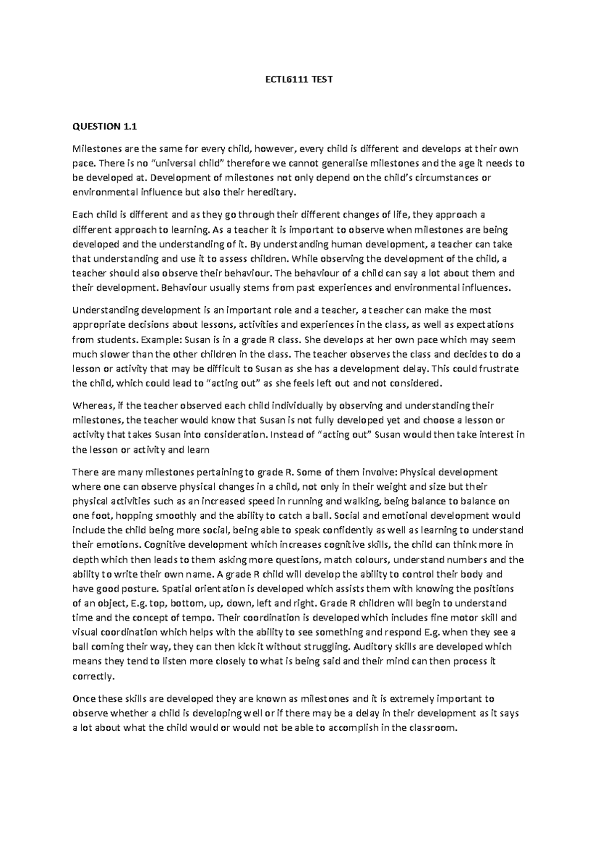 ECTL6111 TEST - Understanding Early Child Development in Grade R - Studocu