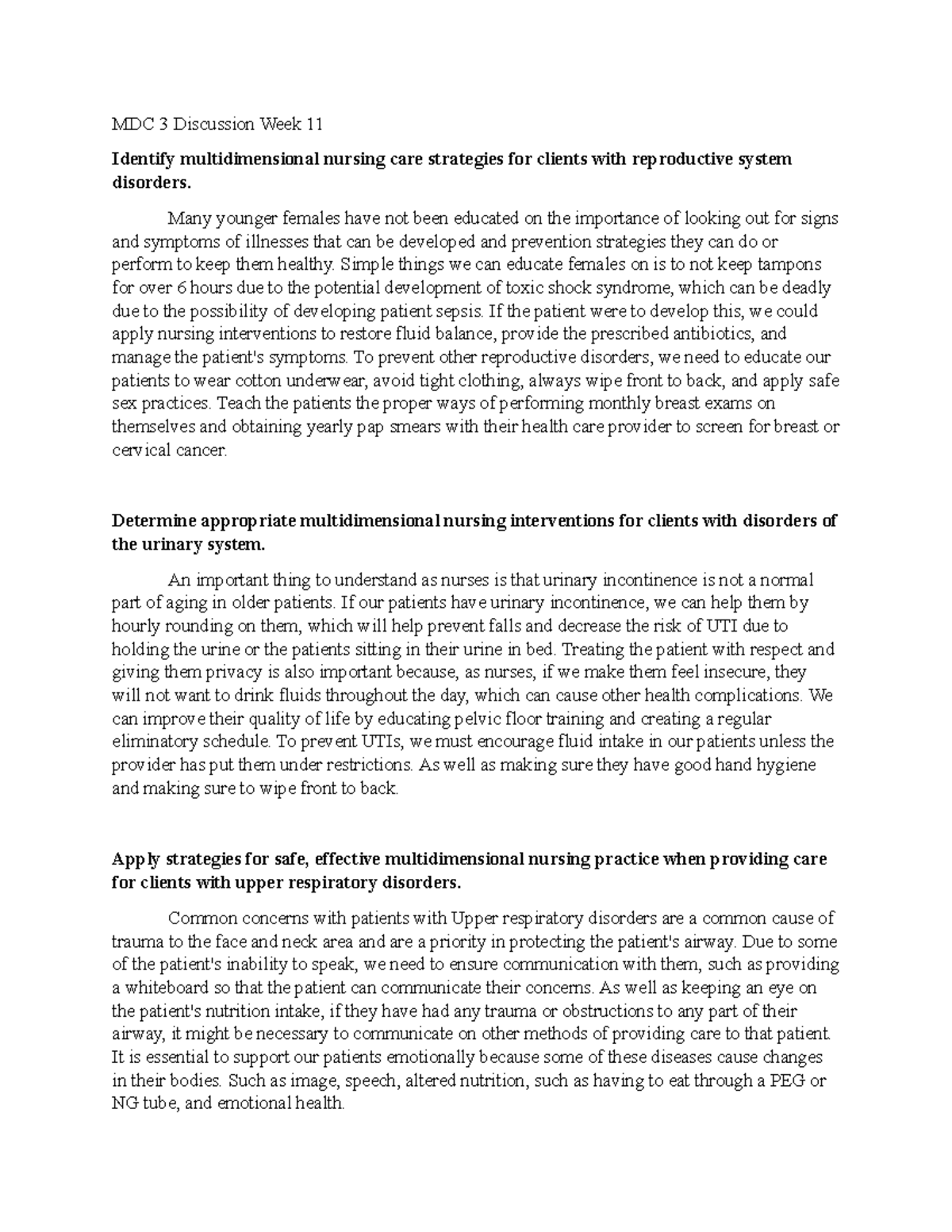 MDC 3 Discussion Week 11 - MDC 3 Discussion Week 11 Identify multidimensional nursing care - Studocu