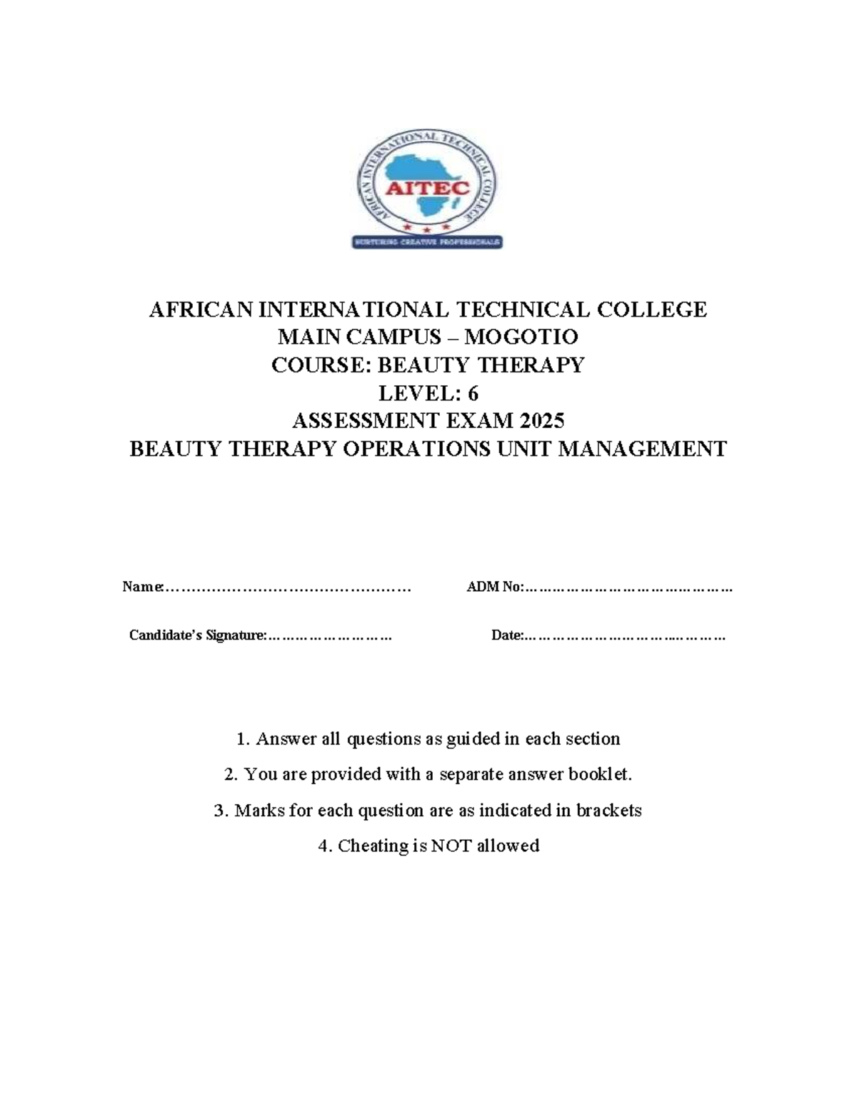 Beauty Therapy Level 6 Assessment Exam ADM 1 - 2025 - Studocu