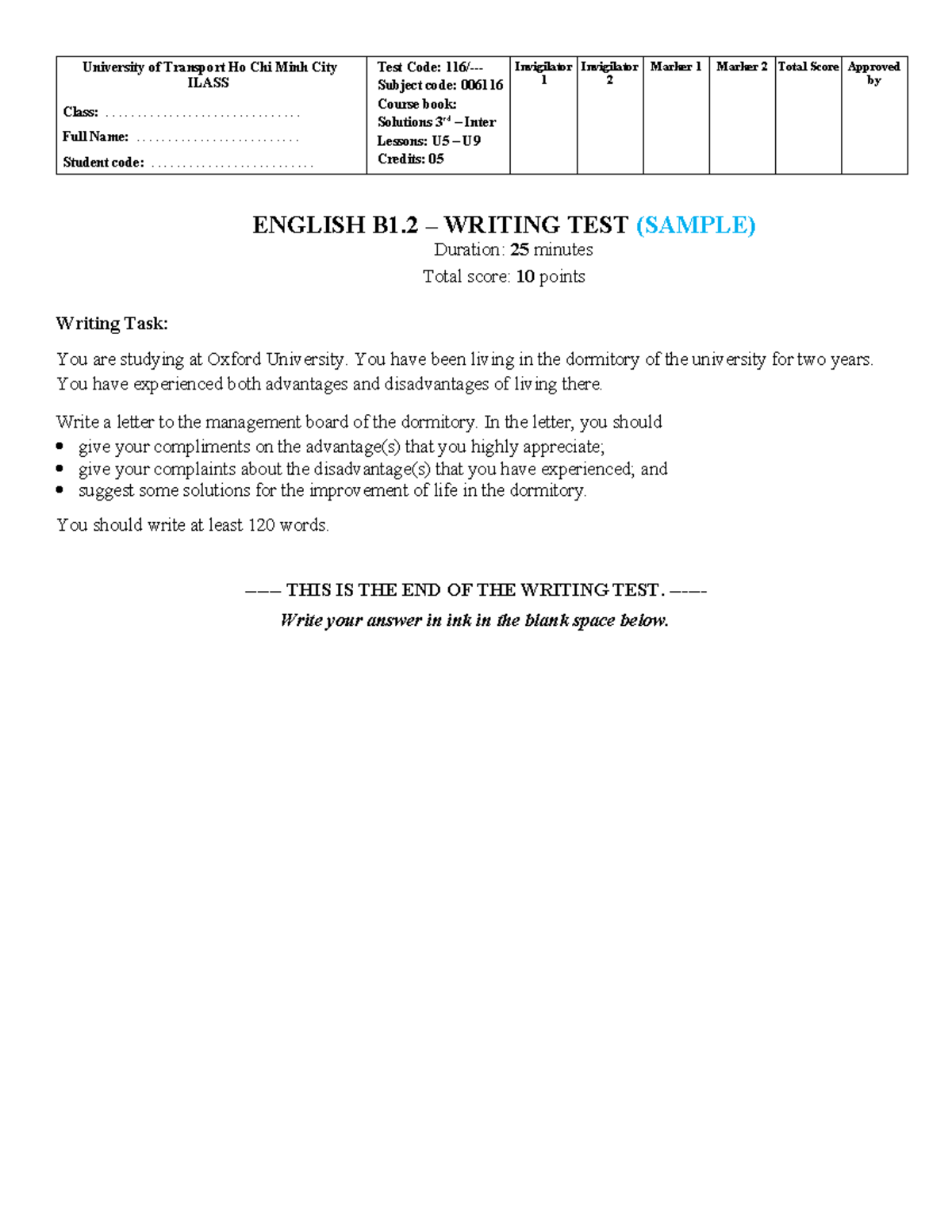 ENGLISH B1 - WRITING TEST SAMPLE (006116) - DORMITORY LETTER Task - Studocu